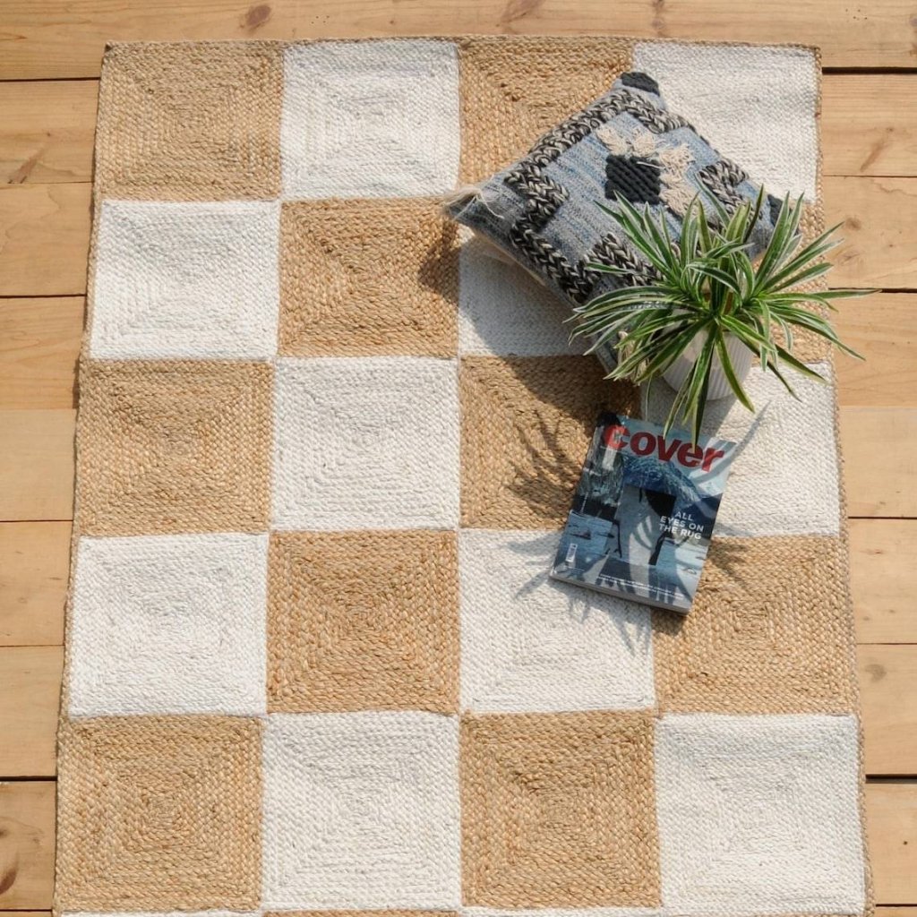 Beige And White Checkerboard Jute Rug