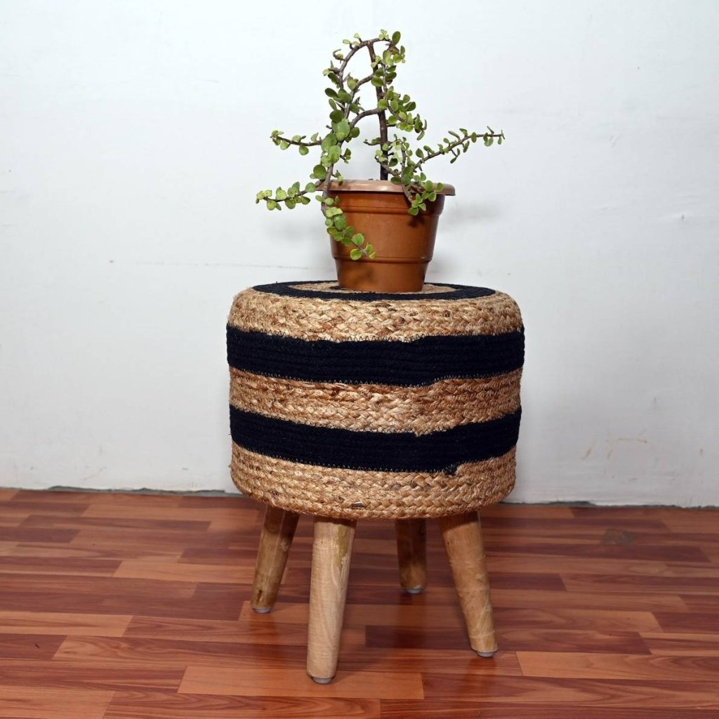 Black And Natural Braided Jute Ottoman