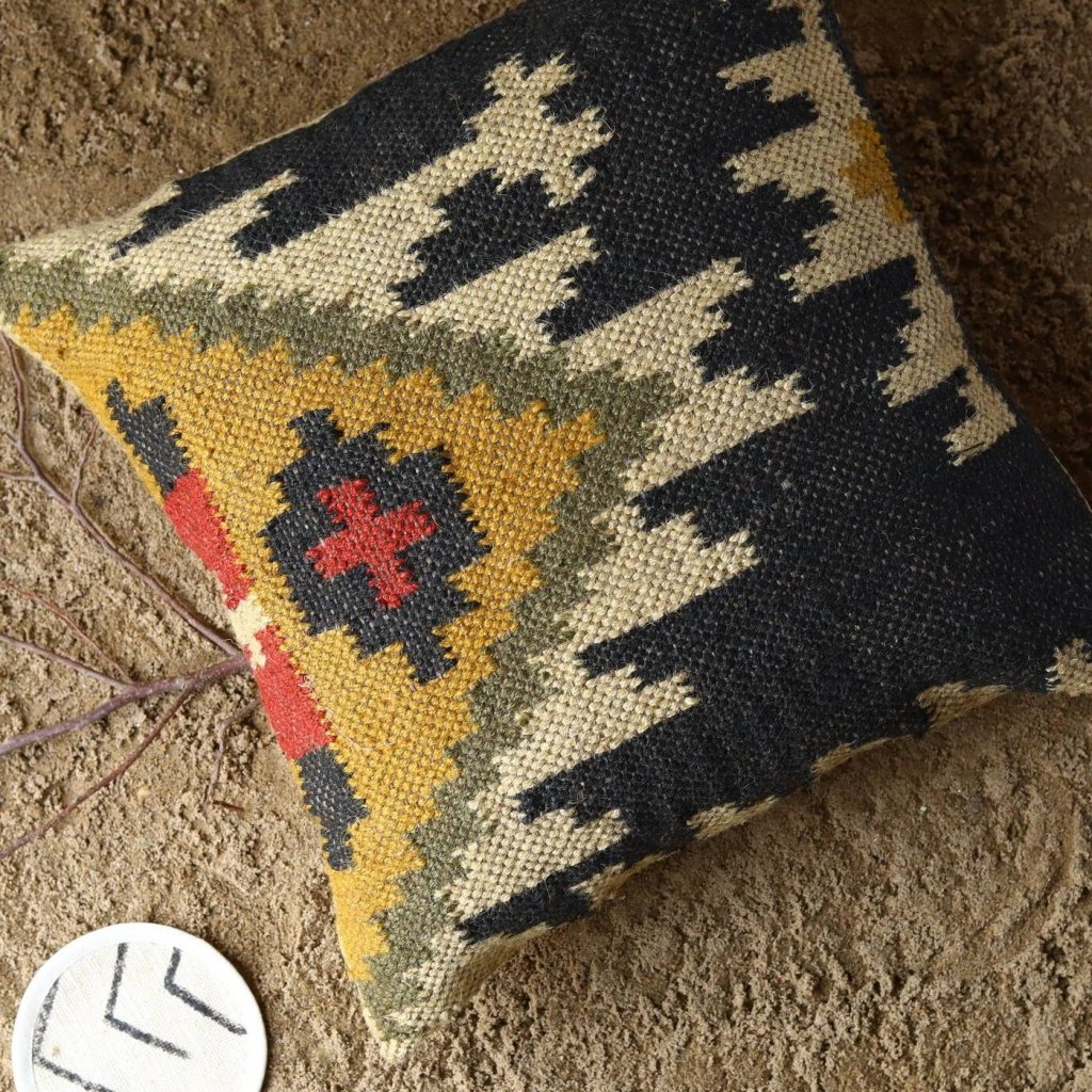 Black Oriental Wool And Jute Pillow