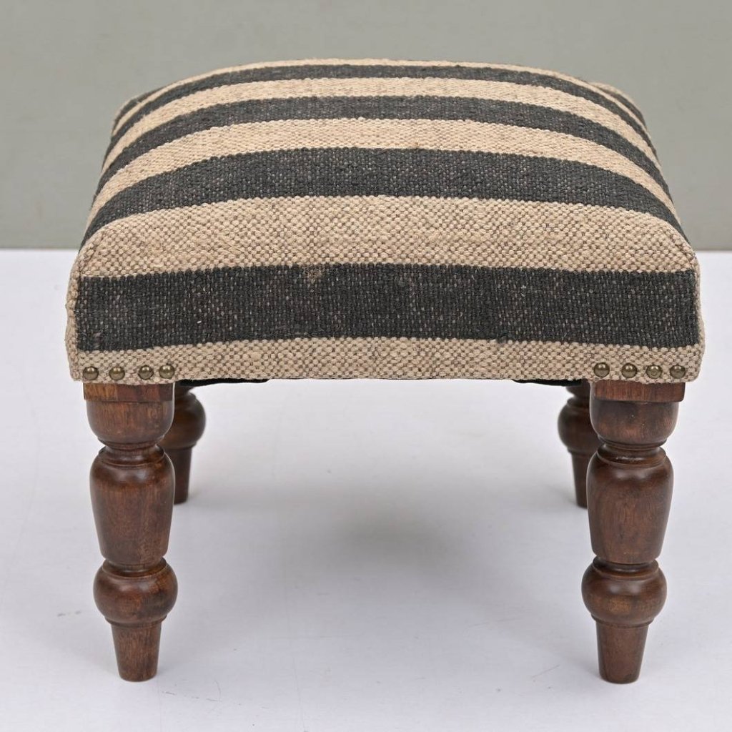 Black Striped Jute Footsool Ottoman