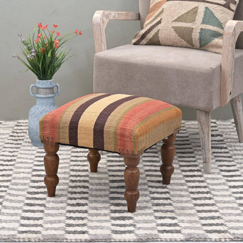 Coloured Diamond Wool And Jute Ottoman