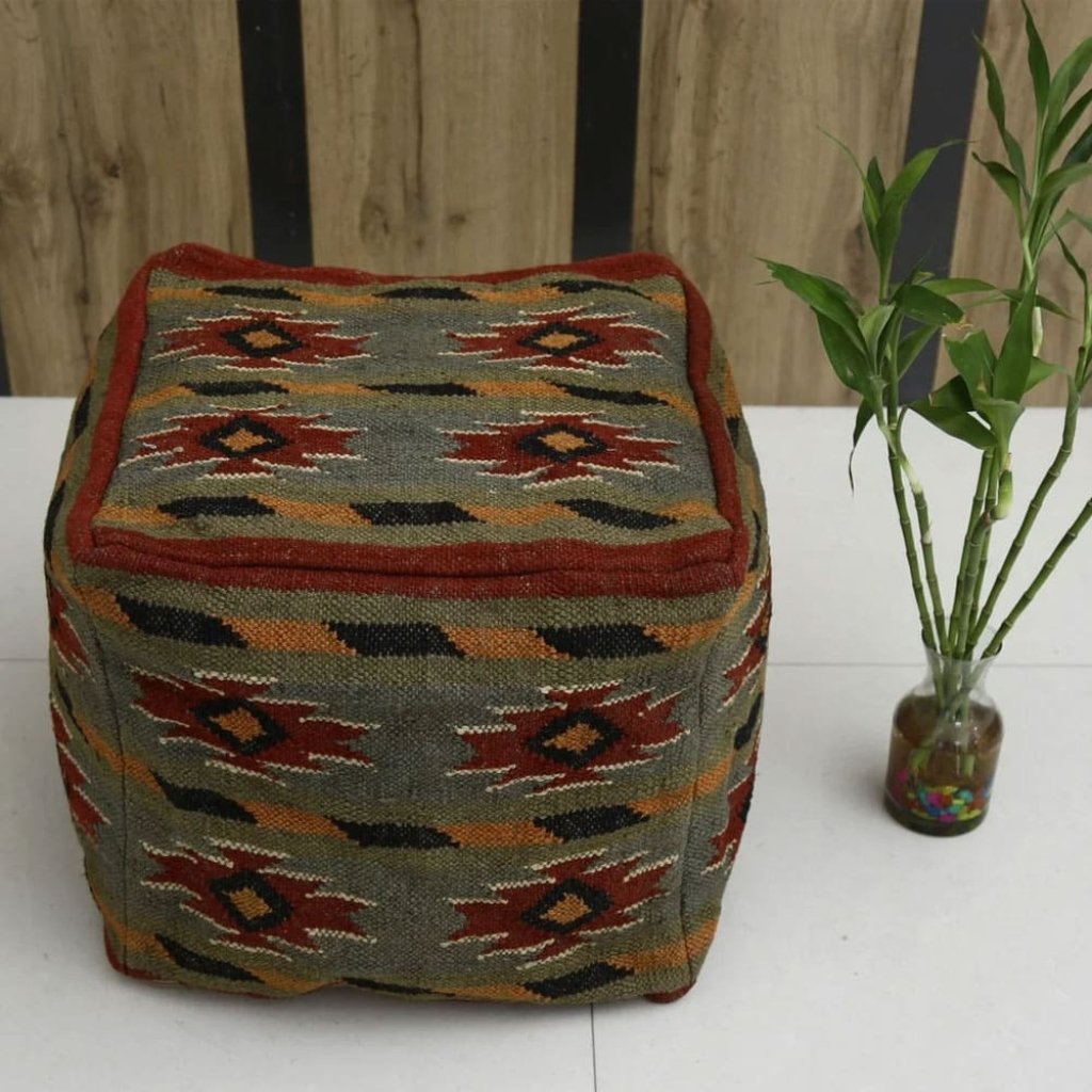 Green Stripe Wool And Jute Pouf