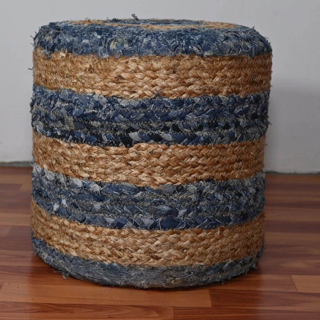 Striped Denim Jute Pouf Ottoman