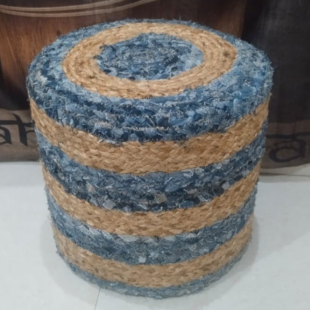 Striped Denim Jute Pouf Ottoman